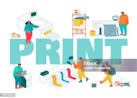 인쇄 및 폴리 그래피 산업 개념 인쇄하우스 생산 공정 시설 장비 순서도 플로터 프린터 오프셋 기계 포스터 배너 전단지 브로셔 만화 플랫 벡터 일러스트 Rotary