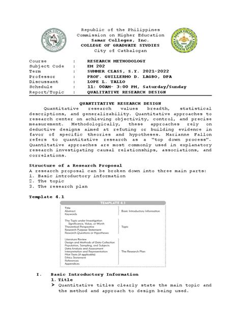 Chapter 4 Quantitative Research Design Handout Lope L Tallo