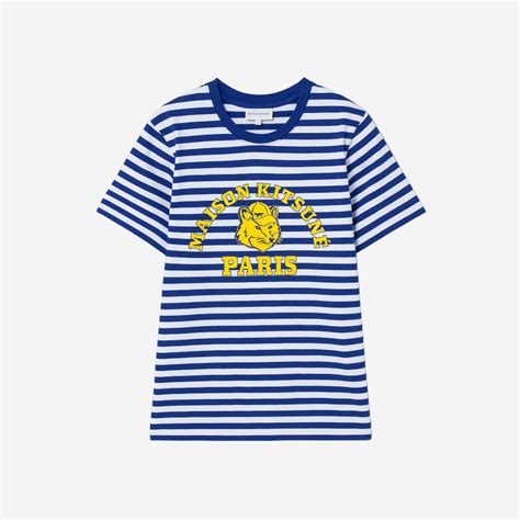 W 메종 키츠네 폭스 헤드 프린티드 스트라이프 레귤러 티셔츠 화이트 코발트 스트라이프 한국 한정 Maison Kitsune Kream