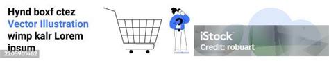 전자 상거래 및 온라인 쇼핑을 위한 블루 클라우드 배경과 함께 미니멀리스트 환경에서 쇼핑 카트를 들고 서 있는 여자 개념에 대한 스톡 벡터 아트 및 기타 이미지 Istock