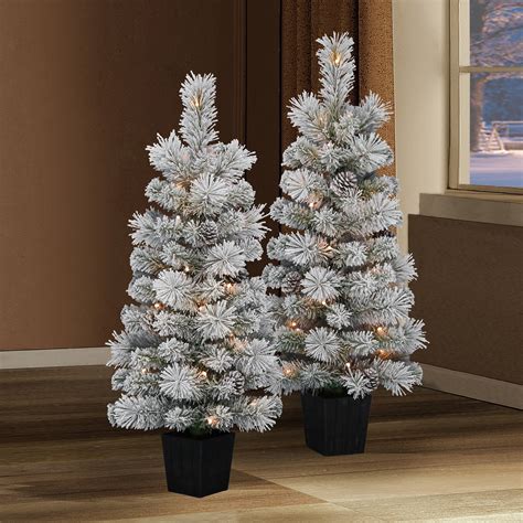 Holiday Time 3ft Set Of 2 Flocked Potted Christmas Trees With Pinecone