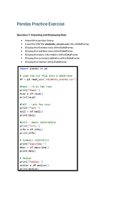 Pandas Questions Memo Pandas Practice Exercise Question 1