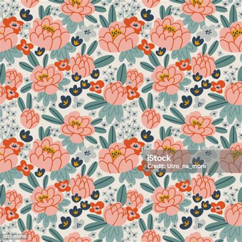 손으로 그린 스타일의 플로럴 매끄러운 패턴 분홍색 색상의 아름다운 꽃 벡터는 모란과 함께 배경을 반복합니다 벽지 직물 또는 포장지 디자인 0명에 대한 스톡 벡터 아트 및