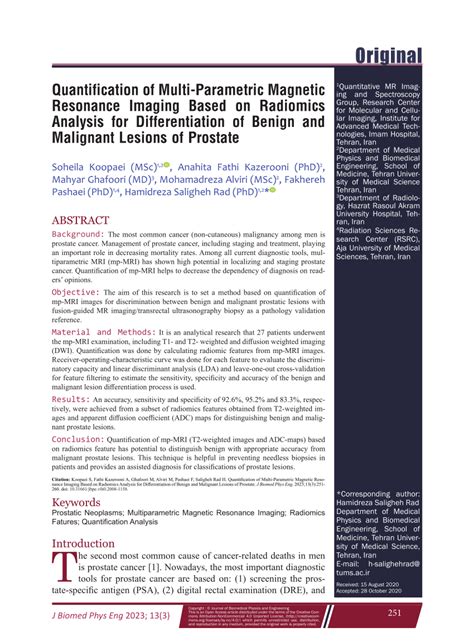 Pdf Quantification Of Multi Parametric Magnetic Resonance Imaging Based On Radiomics Analysis