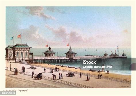 웨스트 피어 브라이튼 이스트 서식스 해변 리조트의 빈티지 일러스트 빅토리아 시대 19세기 영국에 대한 스톡 벡터 아트 및 기타