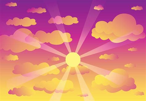 Sunburst Sky With Clouds Purple To Yellow Color Gradient Background In
