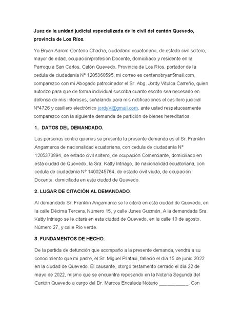 Demanda De Partion Judicial Juez De La Unidad Judicial Especializada De Lo Civil Del Cantón