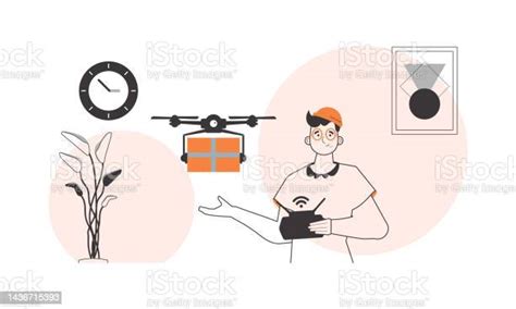 한 남자가 무인 항공기와 함께 패키지를 보냅니다 드론 배달 개념 선형 현대 스타일 날기에 대한 스톡 벡터 아트 및 기타 이미지 날기 남자 만화 Istock