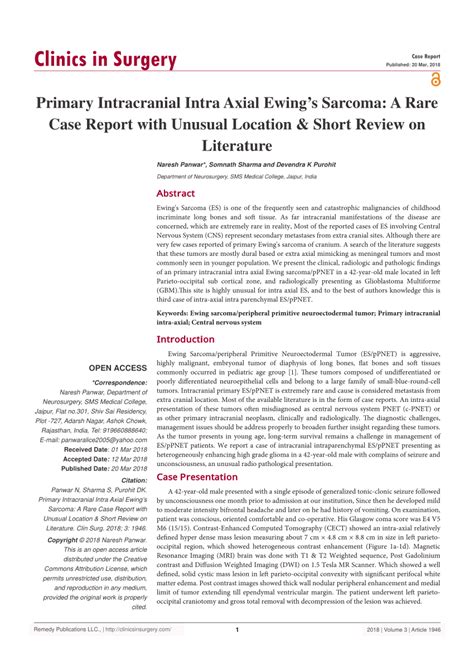 Pdf Primary Intracranial Intra Axial Ewing S Sarcoma A Rare Case Report With Unusal