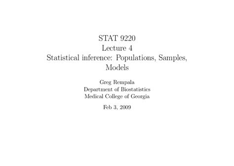 Lecture 4 Statistical Inference Populations Samples Models Prof Grzegorz A Rempal