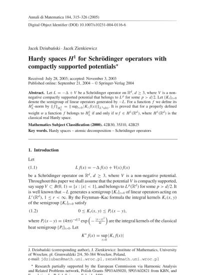 Hardy Spaces H 1 For Schrödinger Operators With Compactly Supported