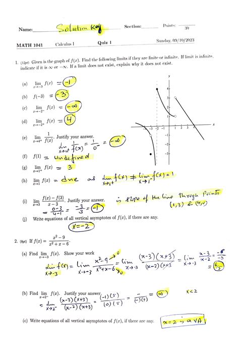 Solution Quiz1 Fa23 Quiz 1 Answer Key For Calculus 1 Name Math 1041 A C B F 3 E