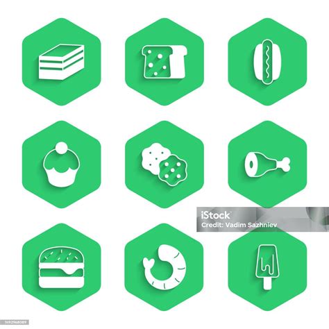 크래커 비스킷 새우 아이스크림 닭 다리 버거 머핀 핫도그 및 케이크 아이콘을 설정합니다 벡터 겨자에 대한 스톡 벡터 아트 및