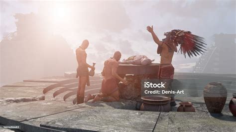 Ancient Mayan Aztec Tribe Priest Brings Human Sacrifices 3d Render