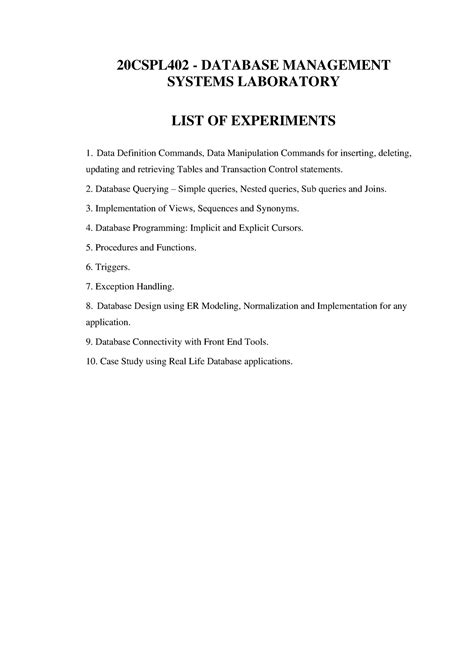 DBMS LAB Manual LABORATORY NOTES FOR ANNA UNIVERSITY STUDENTS CSPL DATABASE