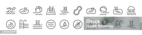 수영장 의 라인 아이콘 모음입니다 웹 및 그래픽 디자인 앱 배너 소셜 네트워크 및 카드를 위한 미니멀한 선형 픽토그램 관광 리조트에 대한 스톡 벡터 아트 및 기타 이미지