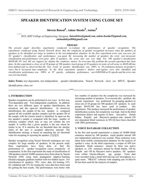 Speaker Identification System Using Close Set Pdf