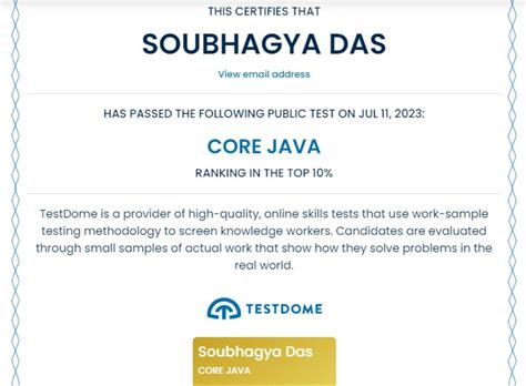 I Am Happy To Share That I Received The Certificate On Core Java From Test Dome Platform
