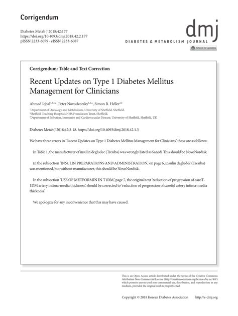 Pdf Corrigendum Table And Text Correction Recent Updates On Type 1 Diabetes Mellitus