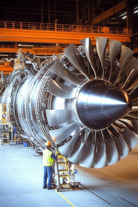 technician working inspecting massive turbine engine in aviation