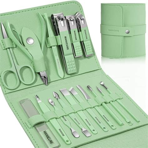 Green Cutics Nail Clippers Set 16 Piece Stainless Steel Manicure Pedicure Kit With Travel Case