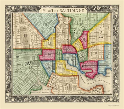 Historic City Map Baltimore Maryland Mitchell 1867 Vintage Wall