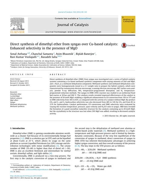 Pdf Direct Synthesis Of Dimethyl Ether From Syngas Over Cu Based