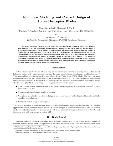 Pdf Nonlinear Modeling And Control Design Of Active Helicopter Blades