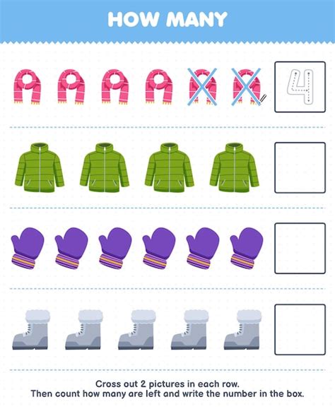 어린이를 위한 교육 게임은 귀여운 만화 스카프 코트 벙어리 부츠의 수를 세고 인쇄 가능한 겨울 워크시트 상자에 숫자를 씁니다 프리미엄 벡터