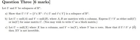 solved question three [6 marks] let u and v be subspaces of