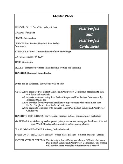 Lesson Plan 8th Pdf Perfect Grammar Grammatical Tense