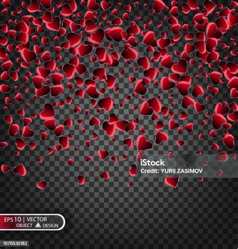 떨어지는 빛나는 붉은 마음 투명 한 배경에 고립의 벡터 축제 그림 발렌타인 데이 S에 대 한 그림 디자인 사랑 메시지 색종이 기념일에 대한 스톡 벡터 아트 및 기타 이미지