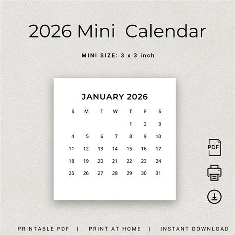 Mini Calendar 2026 Free Printable Templates
