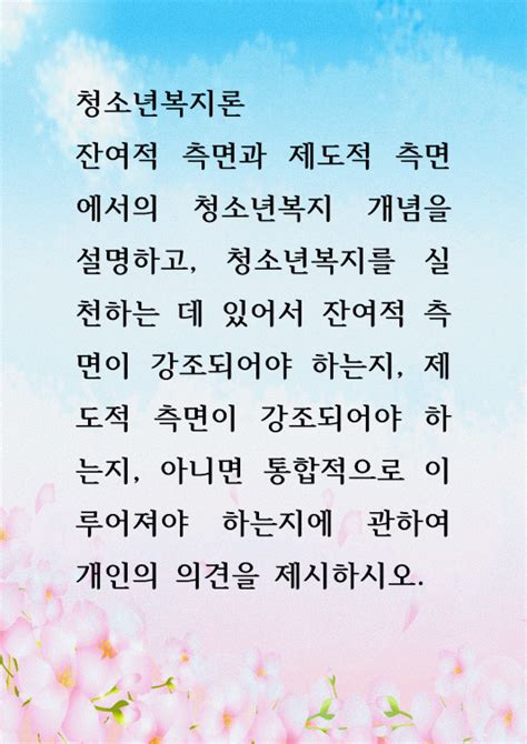 잔여적 측면과 제도적 측면에서의 청소년복지 개념을 설명