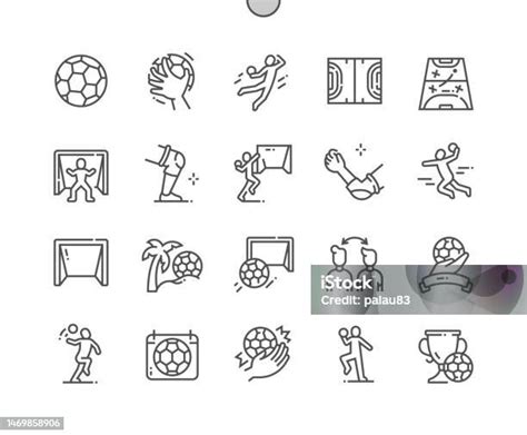 핸드볼 팔꿈치 및 무릎 지지대 골키퍼 선수 교체 비치 핸드볼 스포츠 픽셀 완벽한 벡터 얇은 선 아이콘입니다 간단한 최소 픽토그램 Championship에 대한 스톡 벡터