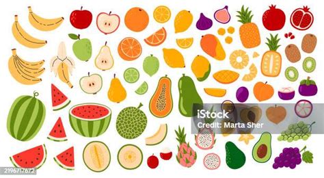 다른 과일과 열매 세트입니다 유기농 비타민과 건강한 영양의 집합 바나나 사과 오렌지 레몬 파인애플 망고 수박 고립 된 평면 벡터