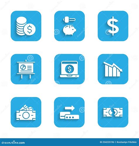 Set Laptop With Dollar Pos Terminal Tearing Money Banknote Financial Growth Decrease Stacks