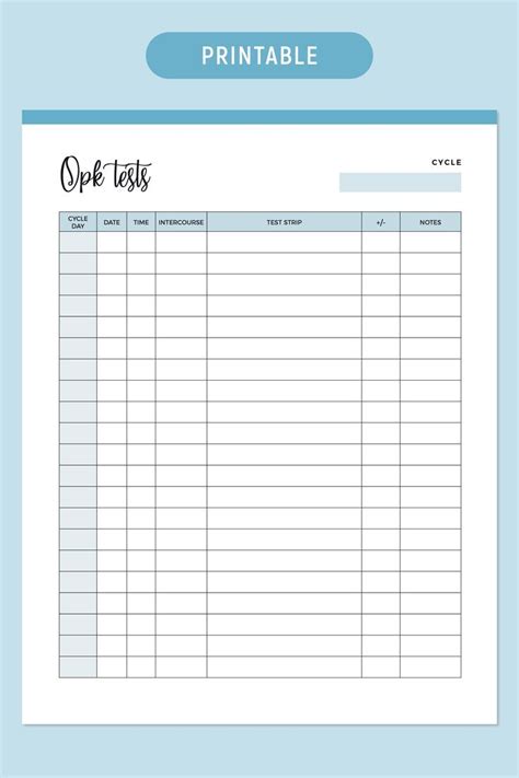 Printable Opk Test Sheet Ovulation Tracker Fertility Planner