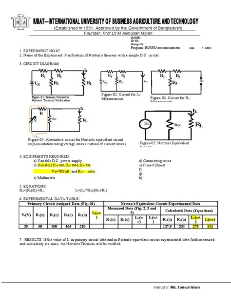 experiment 7 norton s theorem pdf electrical network electrical