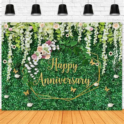 Happy Anniversary Backdrop Green Grass Floral Banner Cheers To Wedding Anniversary Party