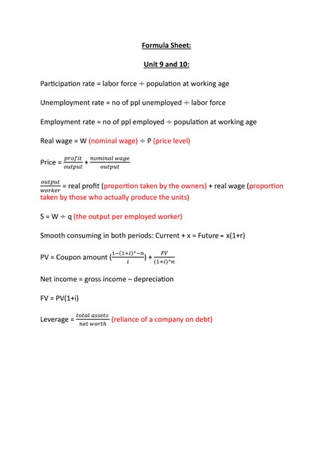 Formula Sheet Summary Financial Reporting IB Formula Sheet Unit 9