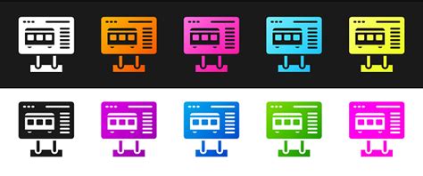 흑백 배경에서 격리된 기차 또는 비행기 아이콘 티켓을 구매하기 위해 티켓 사무실을 설정합니다 티켓을 구입 티켓 서비스 벡터 개념에 대한 스톡 벡터 아트 및 기타 이미지