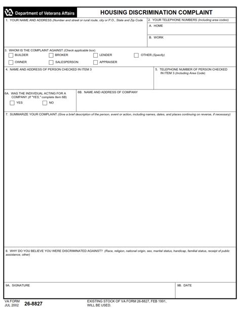 Va Form 26 8827 Housing Discrimination Complaint Va Forms