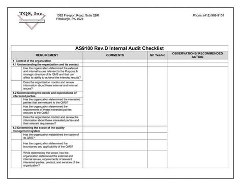 As9100 Rev D Internal Auditor Checklist Tqs Services Llc