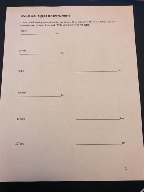 Solved Cis100 Lab Signed Binary Numbers Name Convert The