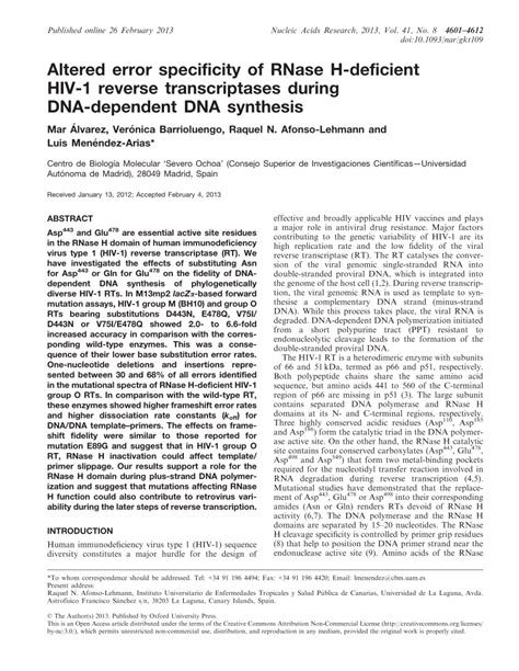 Pdf Altered Error Specificity Of Rnase H Deficient Hiv 1 Reverse
