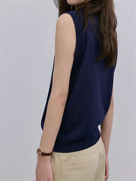 Navy Tencel Cotton Poly Knitted Polo Vest Solitairec