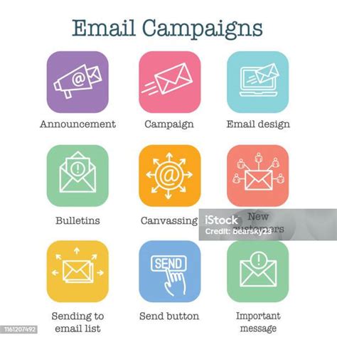 이메일 목록 공지 보내기 버튼으로 설정된 이메일 마케팅 캠페인 아이콘 에 대한 스톡 벡터 아트 및 기타 이미지 경계 표지 경고 기호 Istock