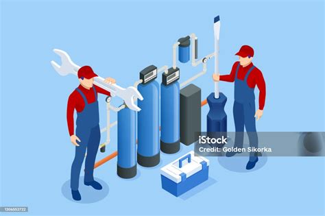 집 개념에 물 여과의 등소 측정 설치 또는 수리 시스템 정화 삼투압 시스템을 수정합니다 식수 위생 작업 집에서 엔지니어링 네트워크 등측투영법에 대한 스톡 벡터 아트 및 기타