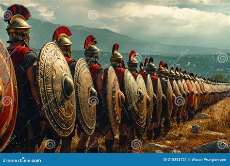 An Army Of Ancient Greek Hoplites Armed With Spears And Shields